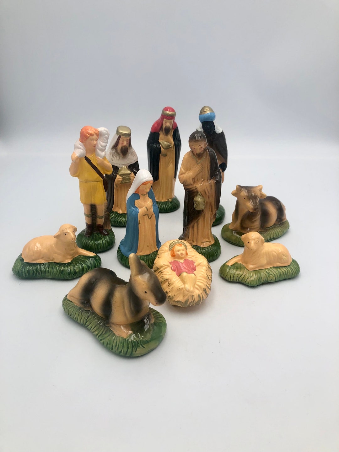 Vintage Christmas Nativity Set of 11 Pieces Hand Painted Plaster ...