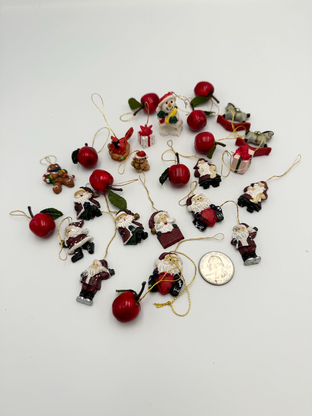 Vintage Set of 27 Mini Christmas Tree Ornaments Resin Santas, Apples ...