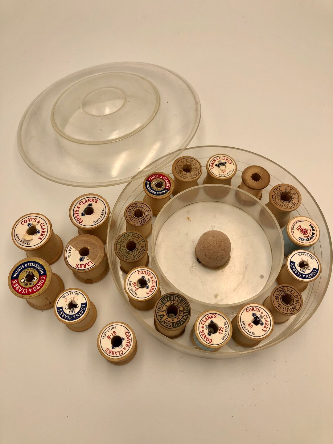Vintage Thread Holder With Vintage Wooden Spools Clear Plastic Round ...