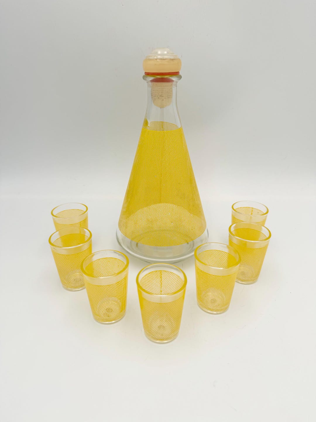 Vintage BVB Liquor Set - Glass Decanter and 7 Liqueur Glasses - Yellow ...