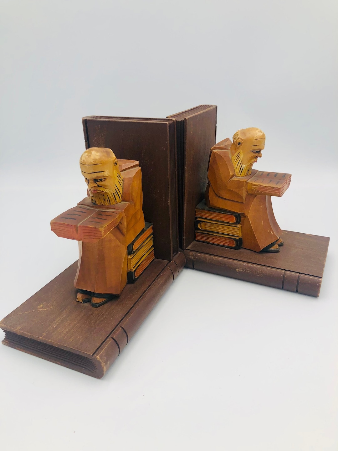 Vintage Carved Wood Bookends Monk Friar Figurine Black Forest Germany ...