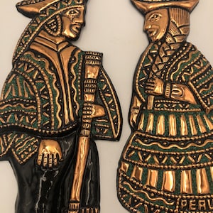 Vintage Embossed Copper Peruvian Couple With Inlaid Turquoise Chips ...