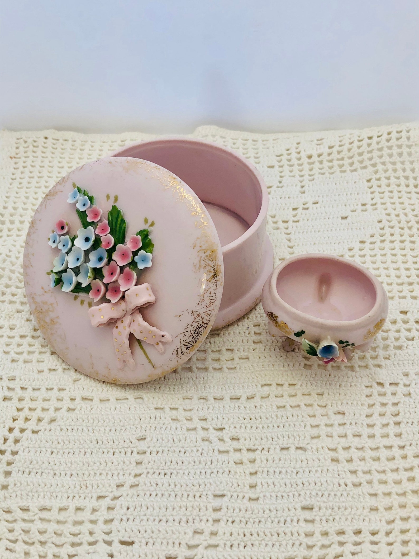 Vintage Set of Pink Fine China With Applied Flowers Vanity Set - Etsy