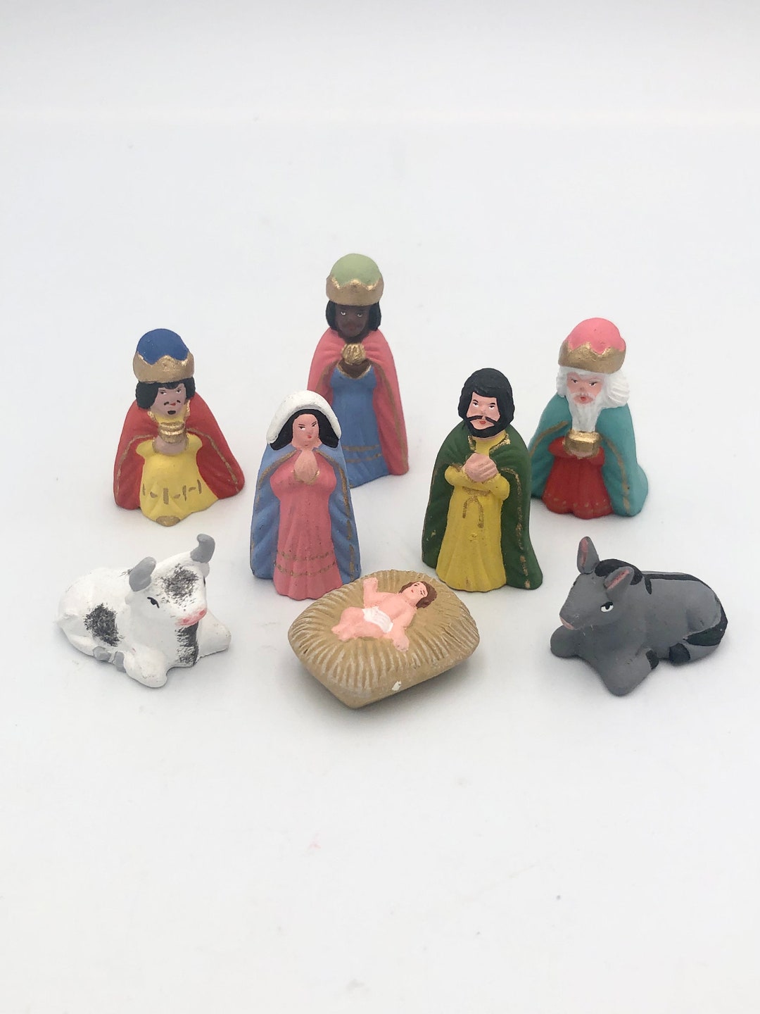 Vintage Mini Nativity Set Hand Painted Clay 8 Piece Beautiful Details ...