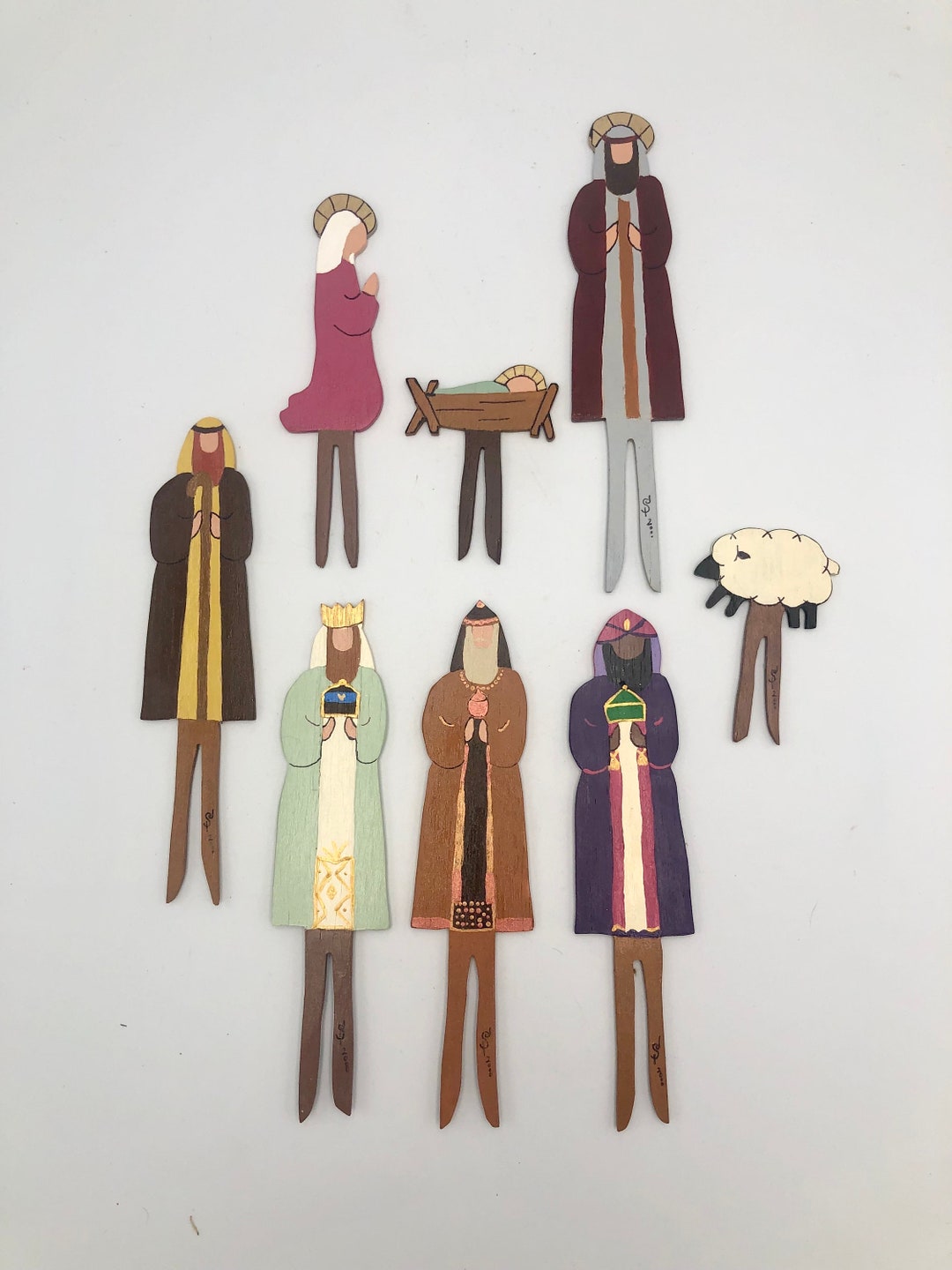 Vintage Wooden Cutout Nativity Set Hand Painted 8 Piece Set - Mary ...