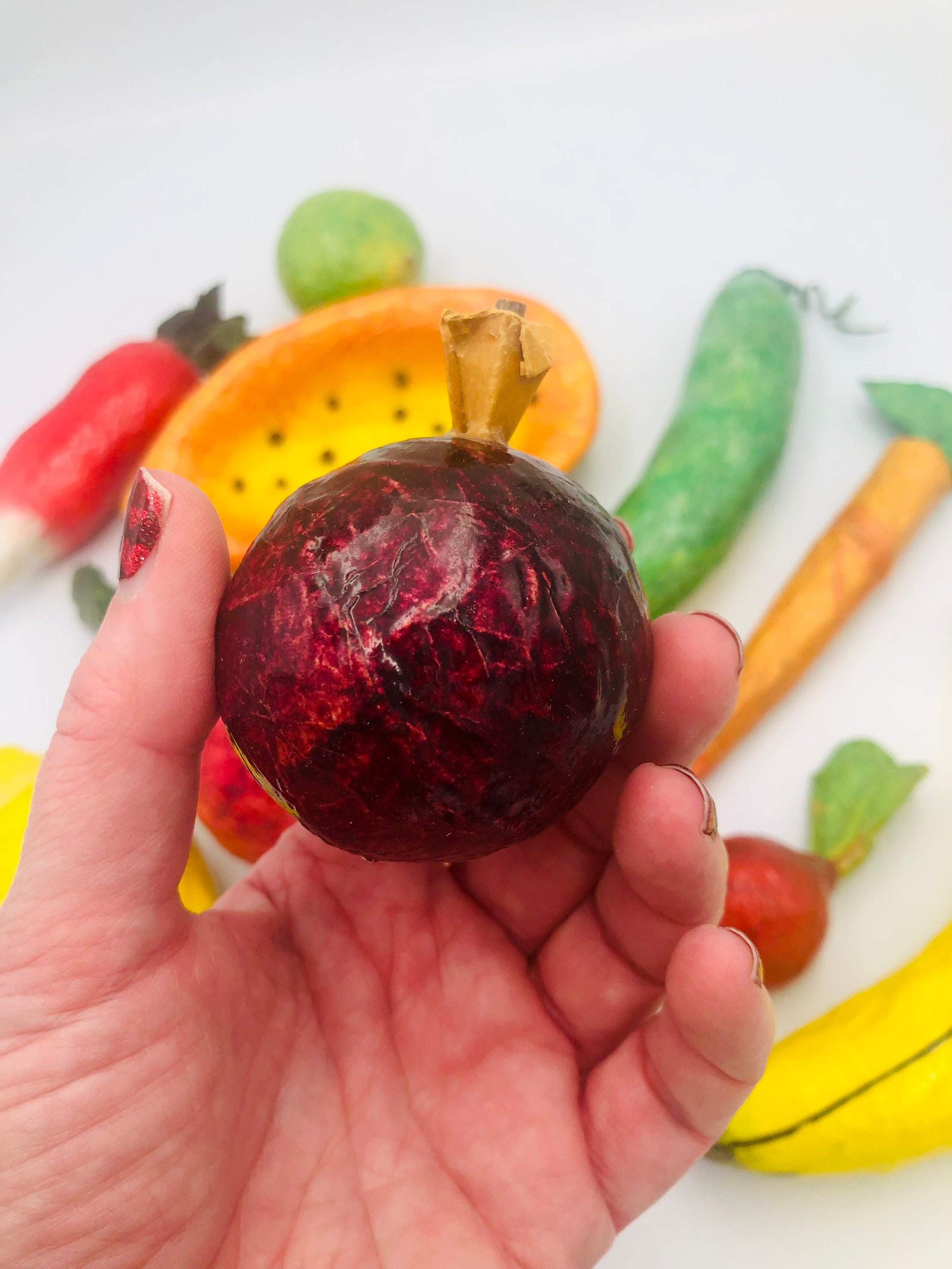 Vintage Paper Mache Fruit & Vegetable Set Hand Made 10 Pieces Bright ...