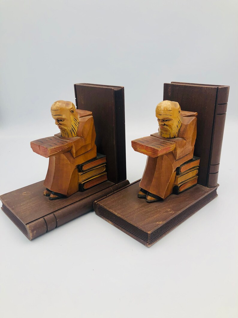 Vintage Carved Wood Bookends Monk Friar Figurine Black Forest Germany ...