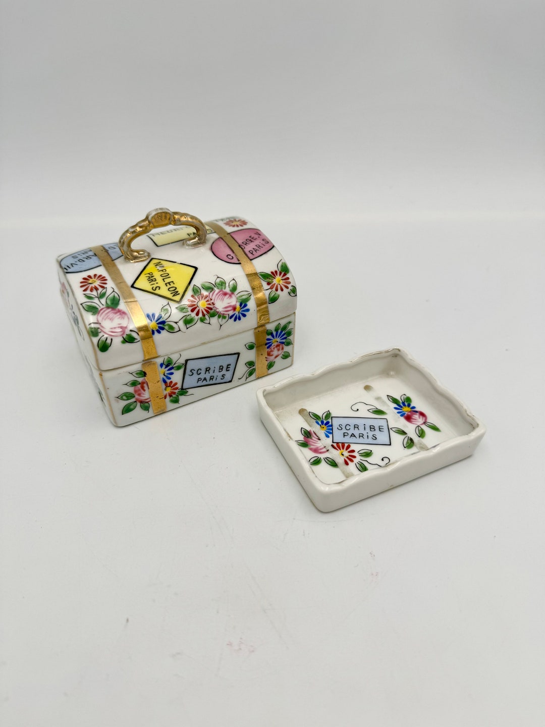 Vintage Porcelain Lidded Trinket Box and Trinket Tray French Suitcase ...