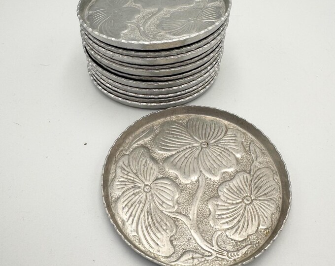 Vintage Set of 12 Hammered Aluminum Tin Coasters With Embossed Flowers ...
