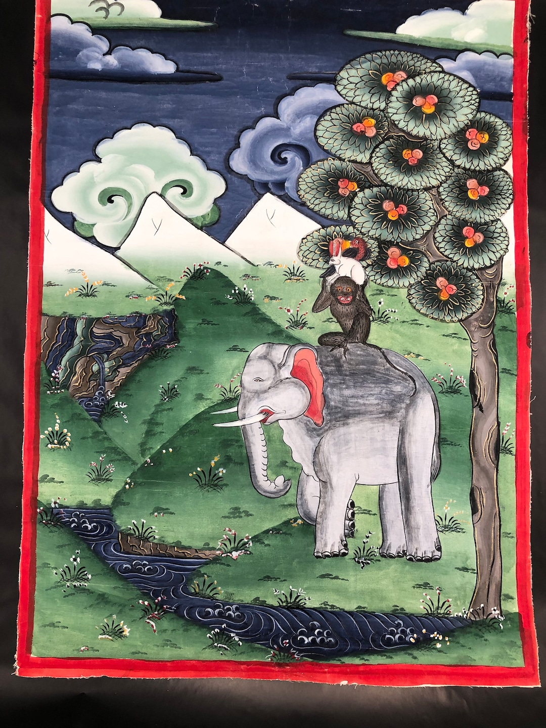 Vintage Four Harmonious Friends Painting on Loose Canvas Framed Tibetan ...