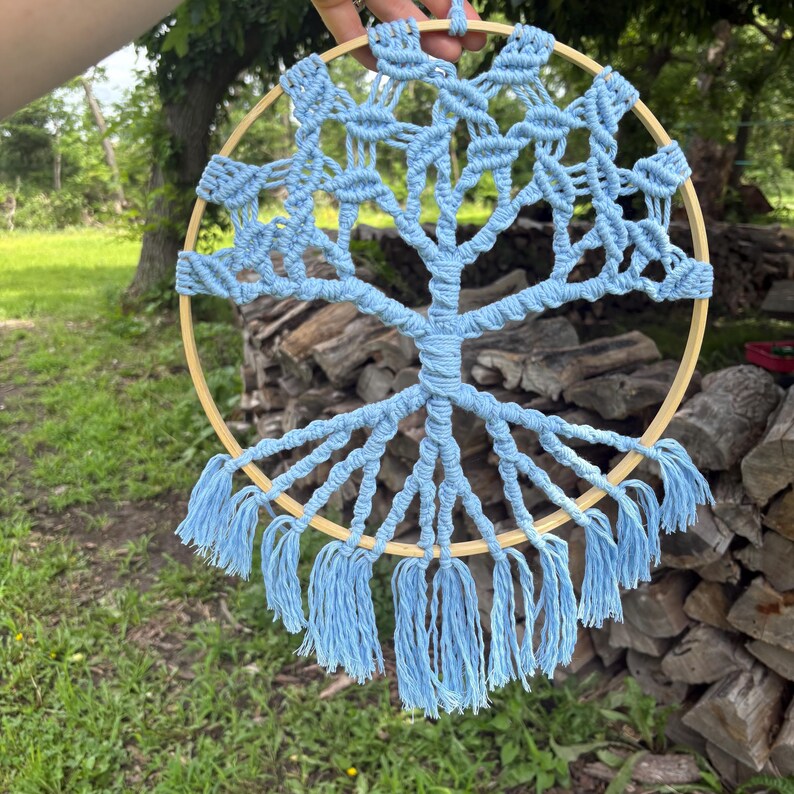 Macrame Tree of Life Wall Hanging | Light Blue Cotton Cord, Bamboo Hoop ...
