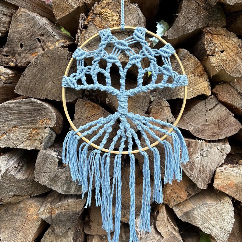 Macrame Tree of Life Wall Hanging | Light Blue Cotton Cord, Bamboo Hoop ...