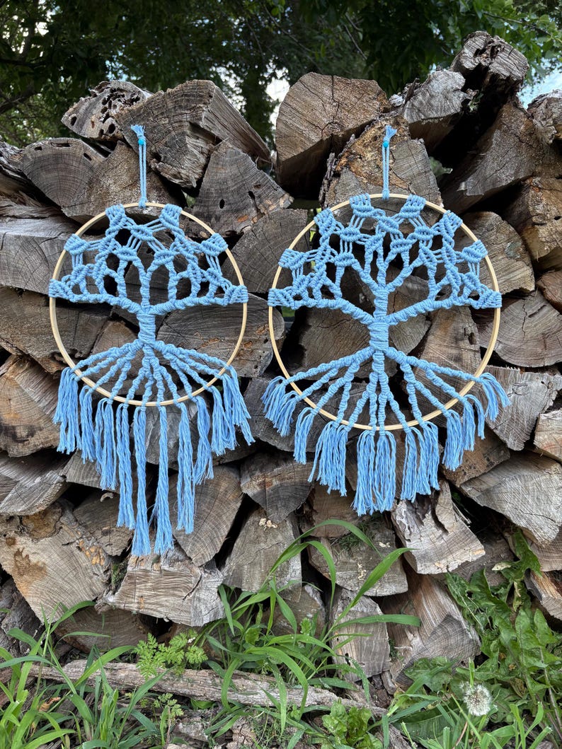 Macrame Tree of Life Wall Hanging | Light Blue Cotton Cord, Bamboo Hoop ...