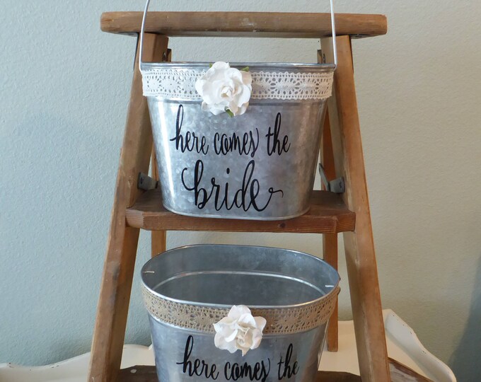 Here Comes the Bride Petals Metal Bucket Pail Basket ~ Flower Girl Ring ...