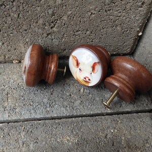 PIG Drawer Pull Wood & Glass Knob ~ Country Farm Dairy Animal Knob ...