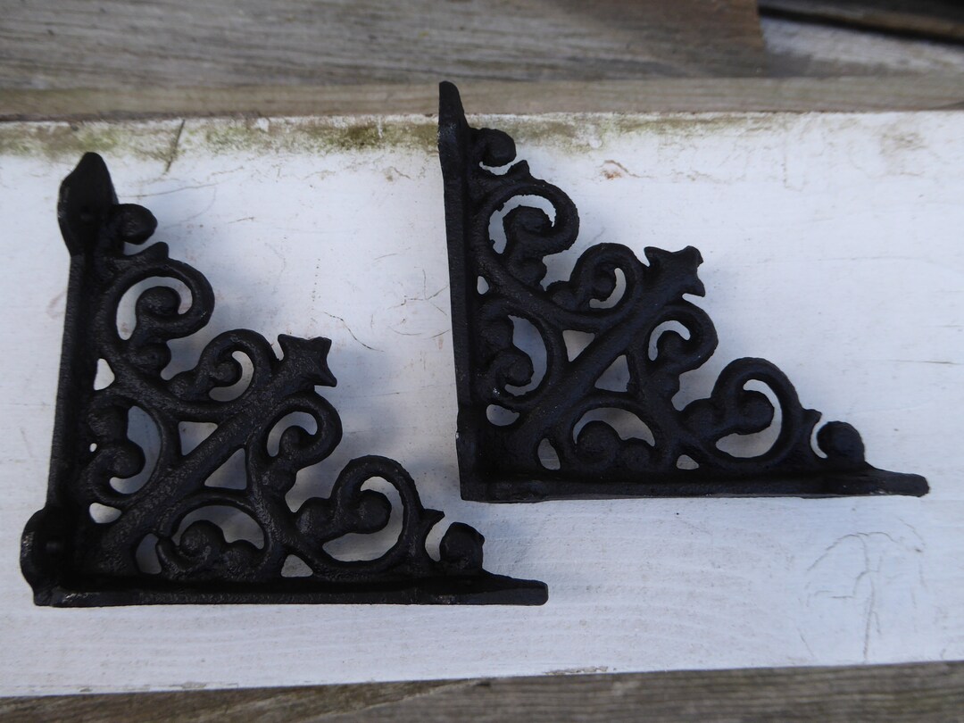 Set of 2 Small 4" SCROLL Shelf Brackets - Cast Iron BLACK - Tuscan Old ...