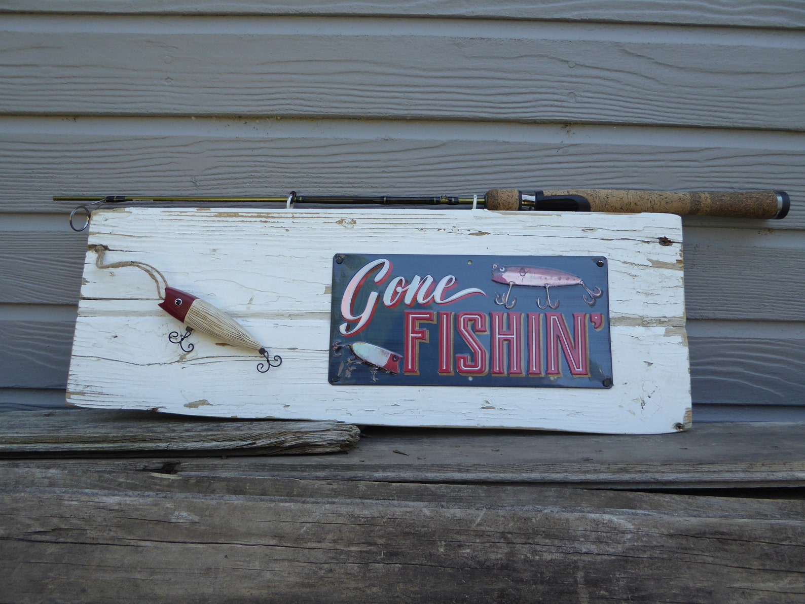 GONE FISHING Wood Sign ~ Reclaimed Barn Wood With Wood Lure Sign Wall ...