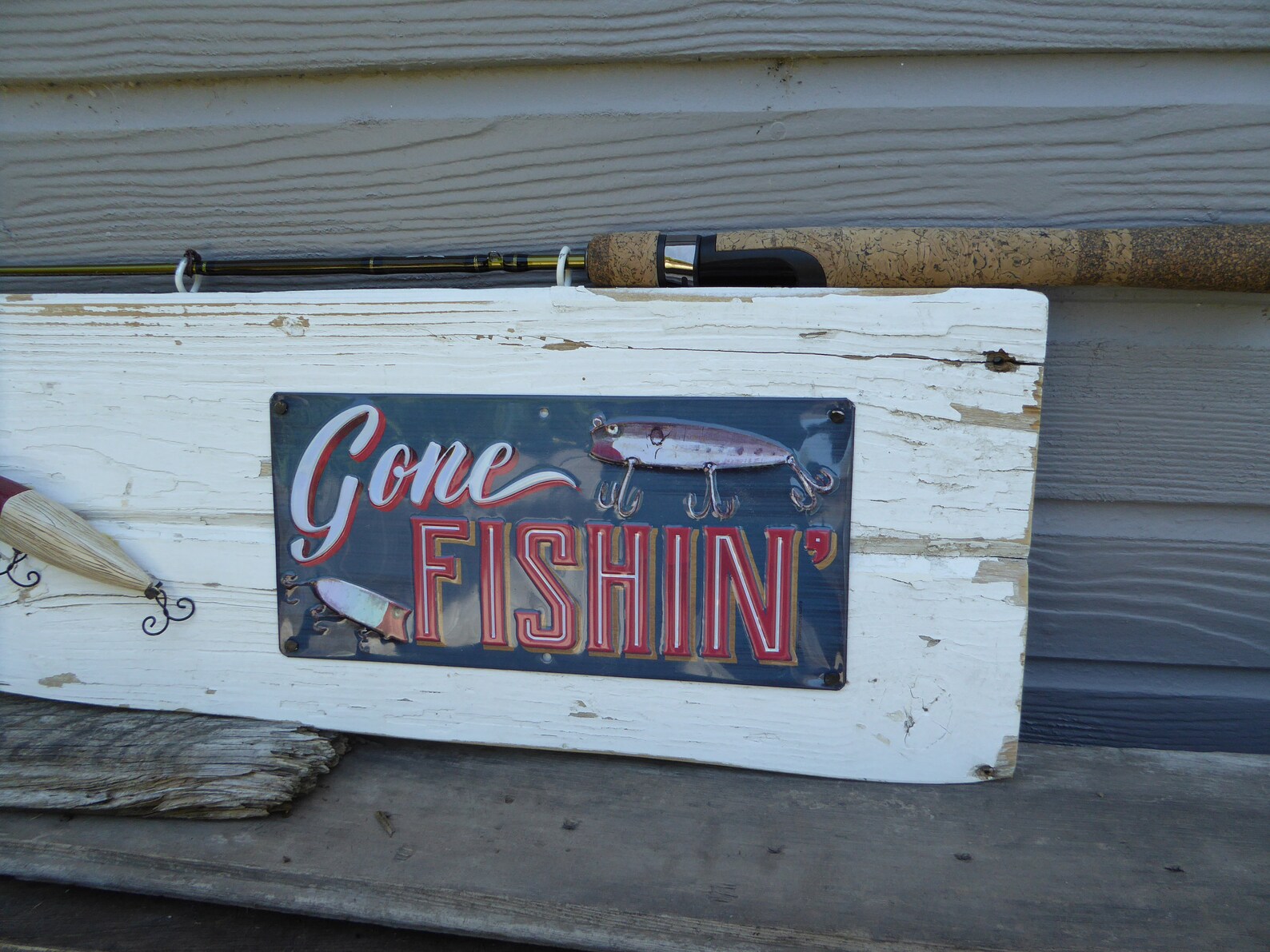 GONE FISHING Wood Sign ~ Reclaimed Barn Wood With Wood Lure Sign Wall ...