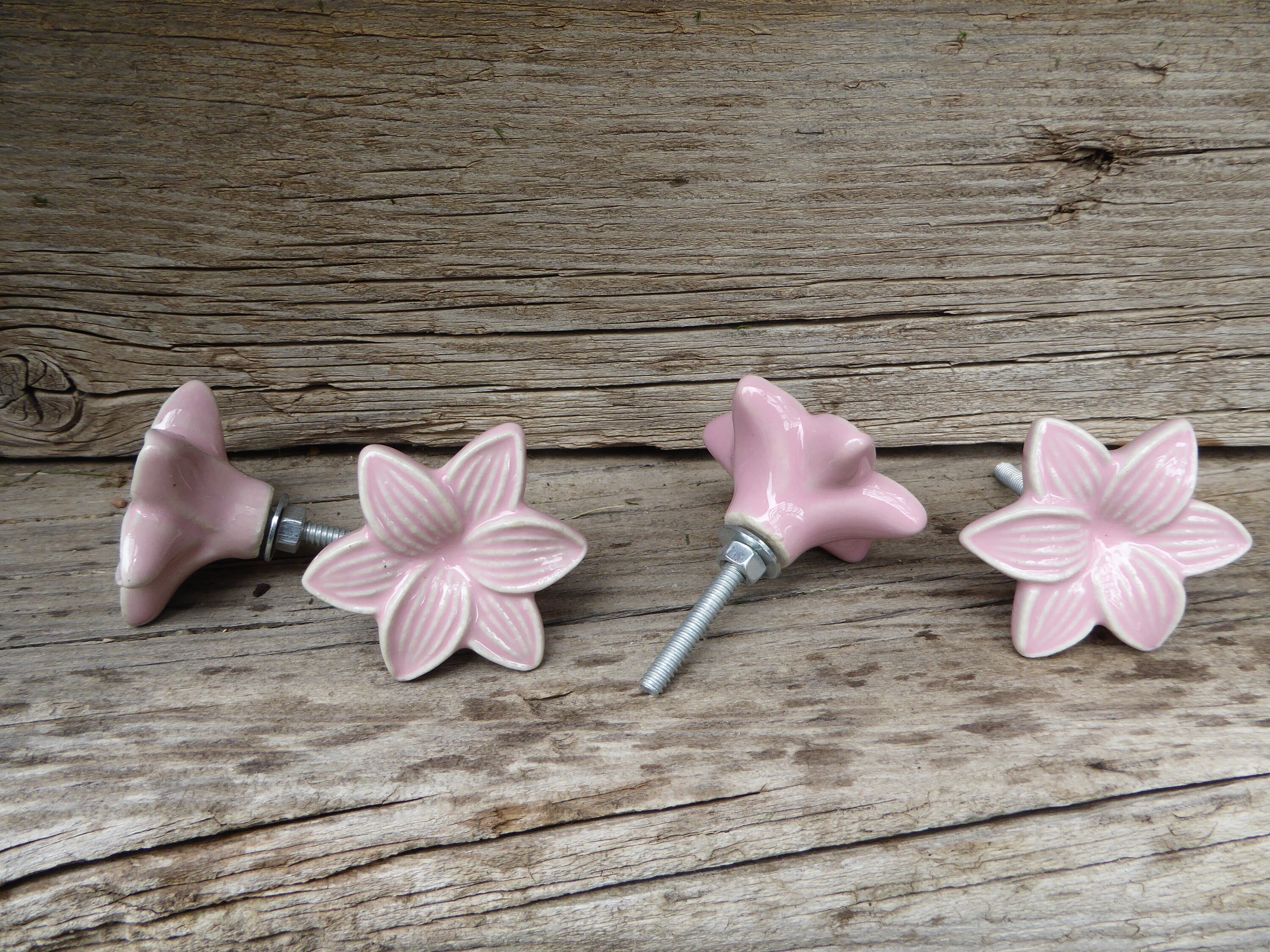 Pink LILY Embossed Flower Floral Ceramic Knob Drawer Pull Home Cottage ...