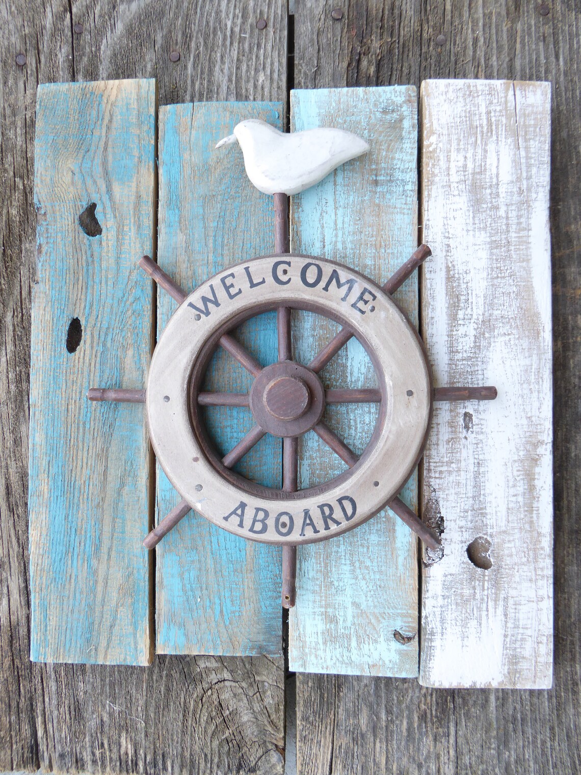 WELCOME ABOARD Sign Reclaimed Weathered Wood Sign Ship Wheel Seagull ...
