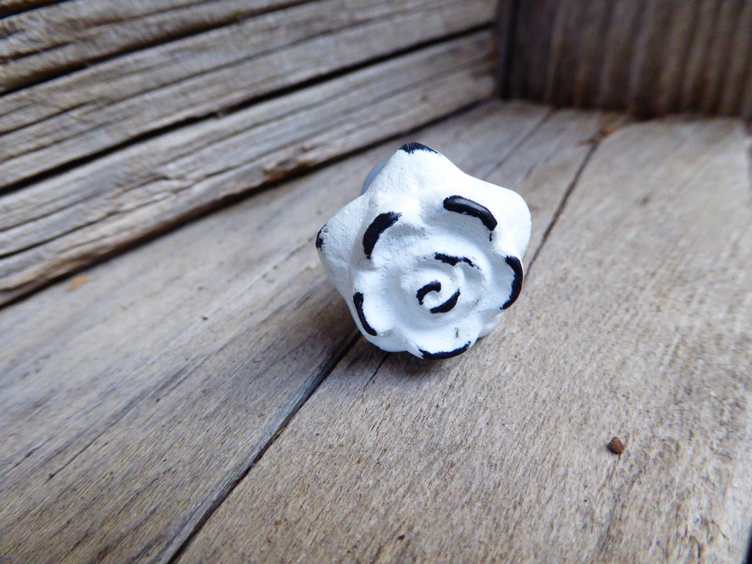 Small Distressed Chippy WHITE ROSE Flower Knob Metal Drawer Pull ...