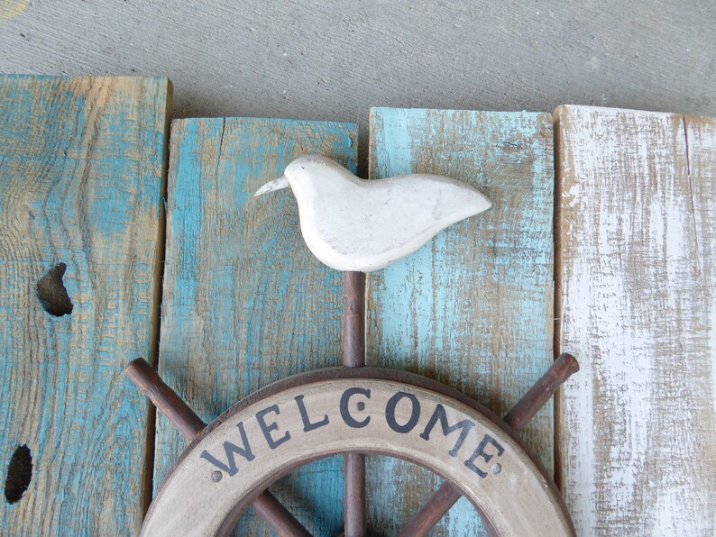WELCOME ABOARD Sign Reclaimed Weathered Wood Sign Ship Wheel Seagull ...