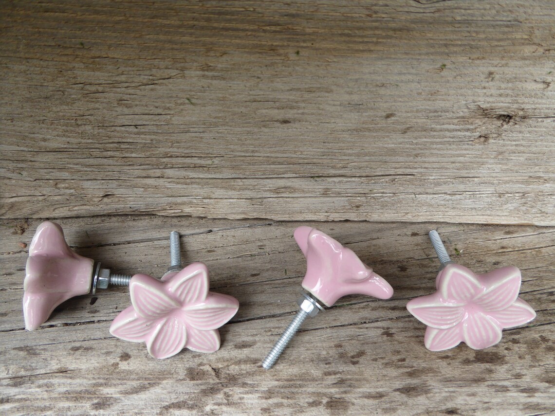 Pink LILY Embossed Flower Floral Ceramic Knob Drawer Pull Home Cottage ...