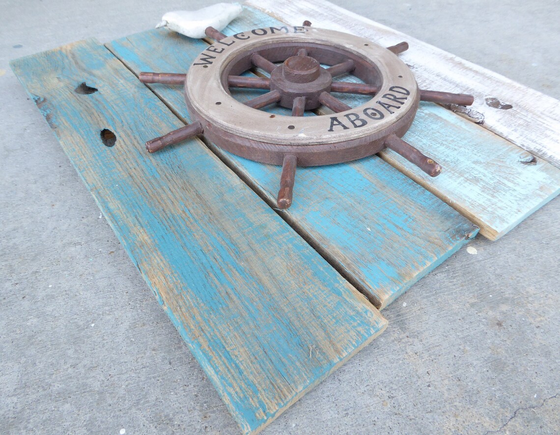 WELCOME ABOARD Sign Reclaimed Weathered Wood Sign Ship Wheel Seagull ...