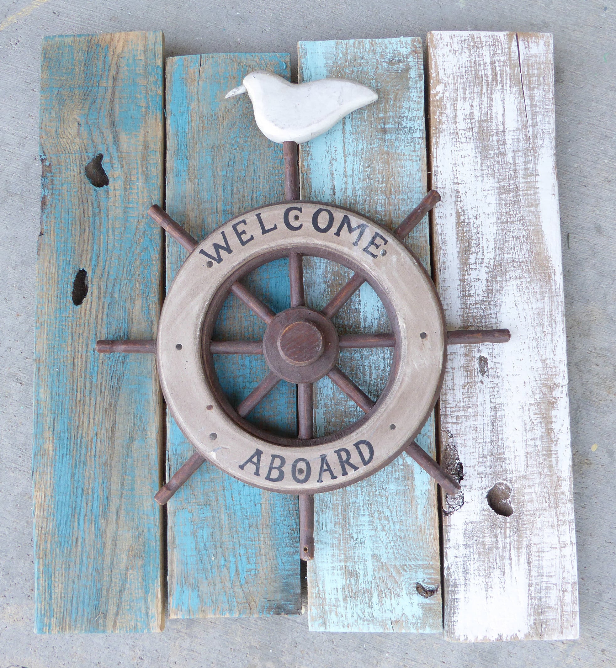 WELCOME ABOARD Sign Reclaimed Weathered Wood Sign Ship Wheel Seagull ...