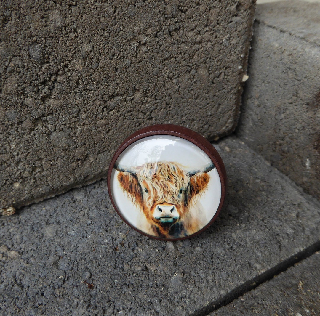 HIGHLAND COW Drawer Pull Wood & Glass Knob Country Farm - Etsy