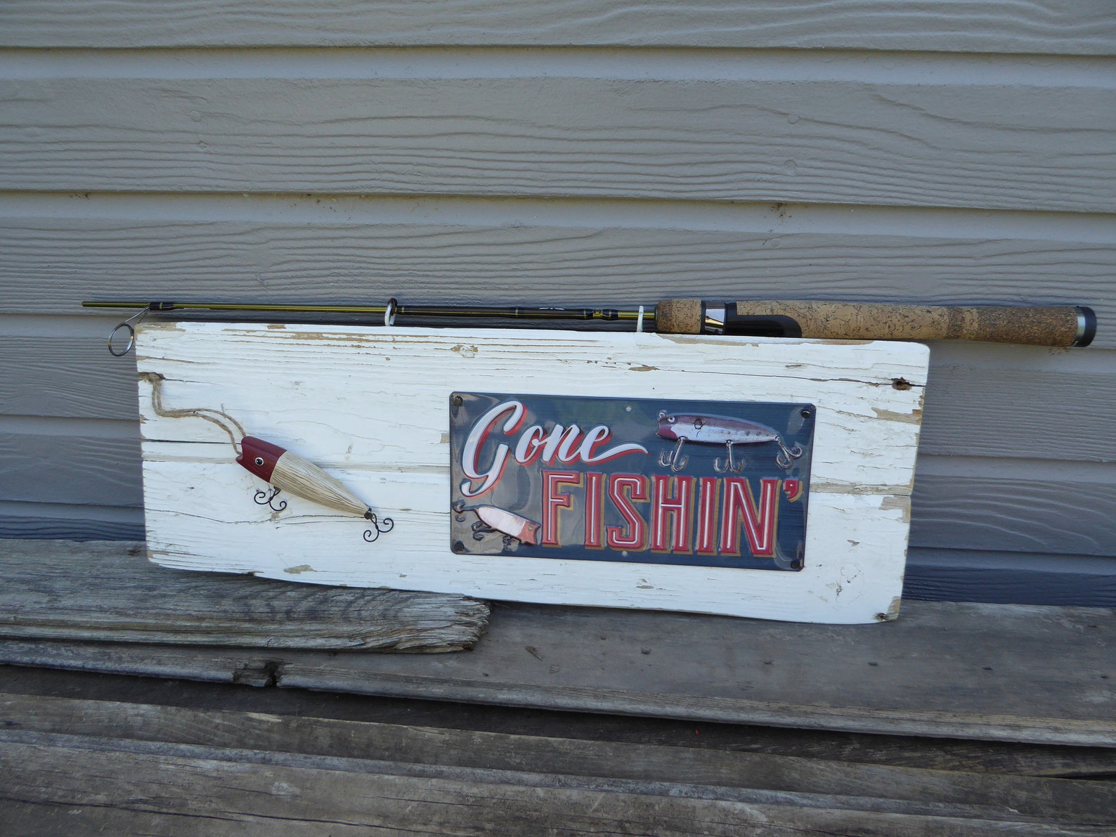 GONE FISHING Wood Sign ~ Reclaimed Barn Wood With Wood Lure Sign Wall ...