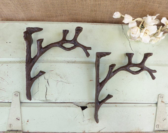 Set of 2 TREE BRANCH Brackets - Cast Iron Metal Shelf Brackets - Rustic ...