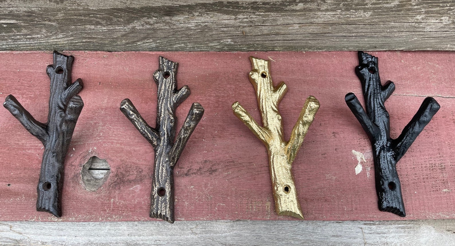 Rustic Tree Branch Wall Hook - Cast Iron Metal or Gold or Black Coat ...