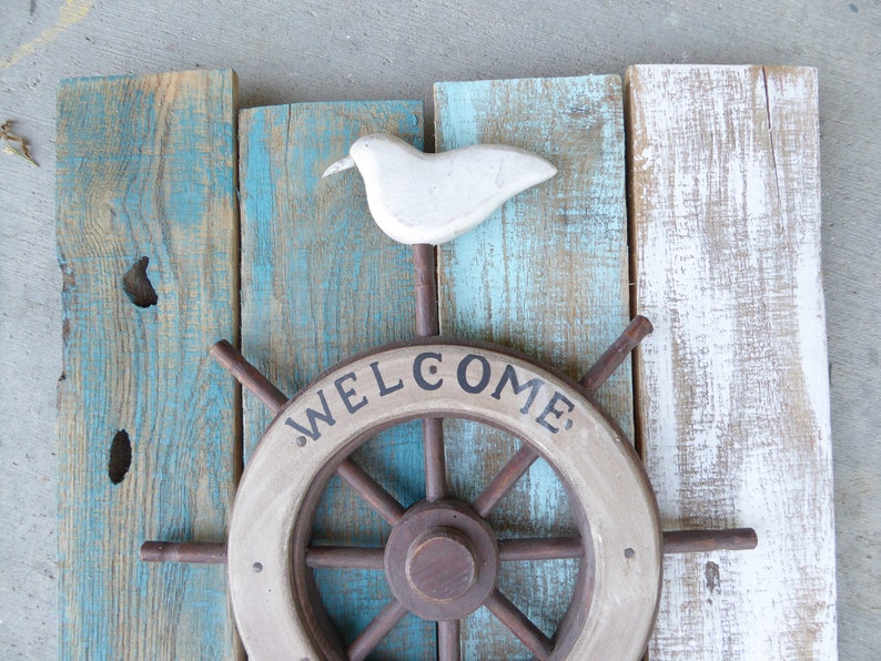 WELCOME ABOARD Sign Reclaimed Weathered Wood Sign Ship Wheel Seagull ...