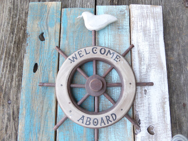WELCOME ABOARD Sign Reclaimed Weathered Wood Sign Ship Wheel - Etsy