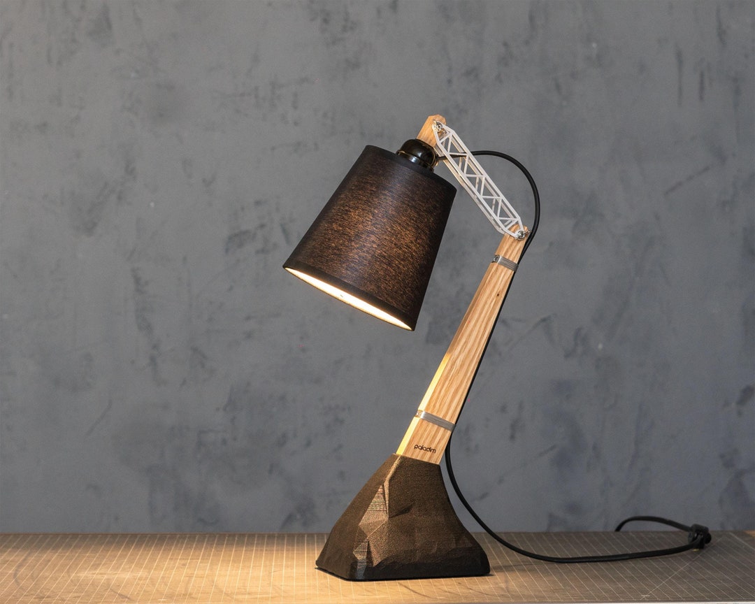 Handcrafted Oak Desk Lamp: Geometric 3D Print Base, Industrial Lighting ...