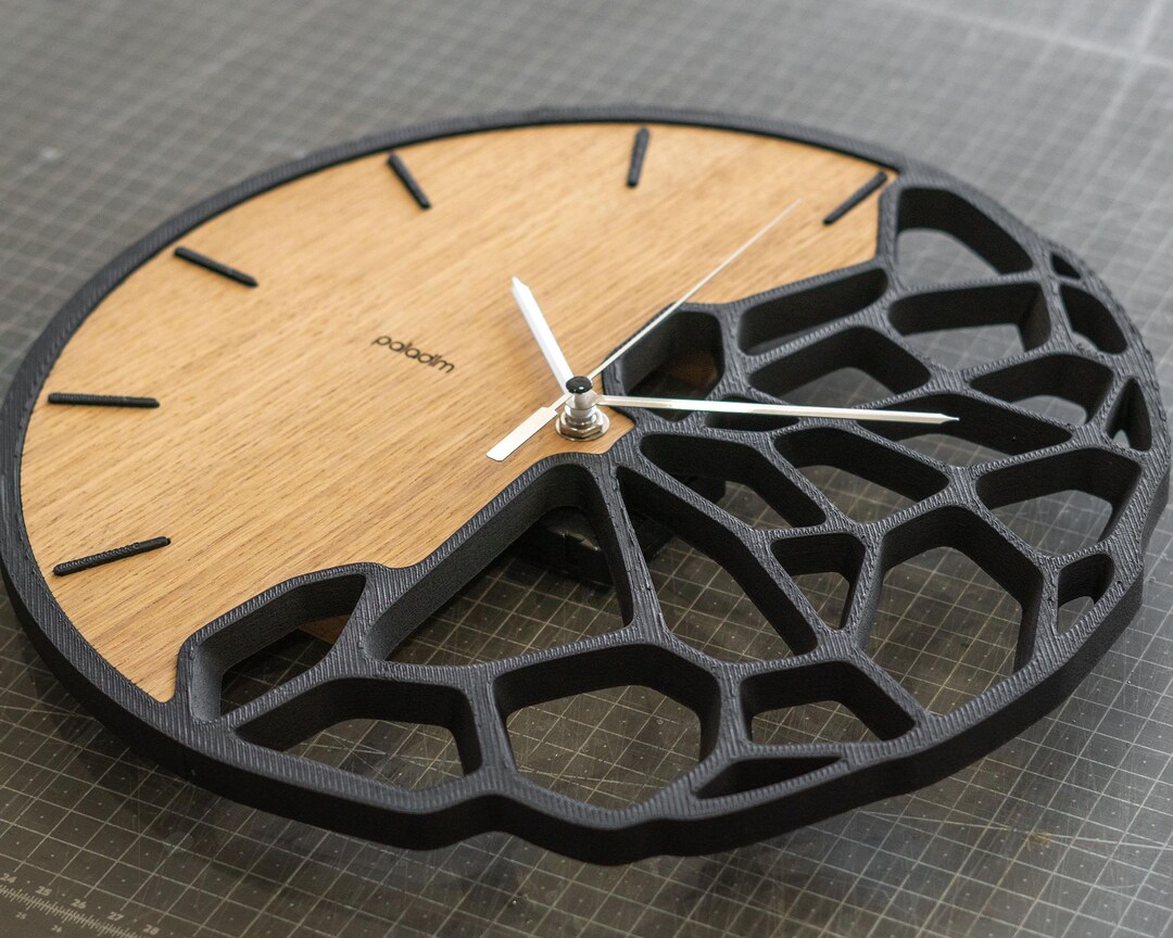 Industrial Organic Wall Clock - Made of Oak and 3D Printed Base, 30cm ...