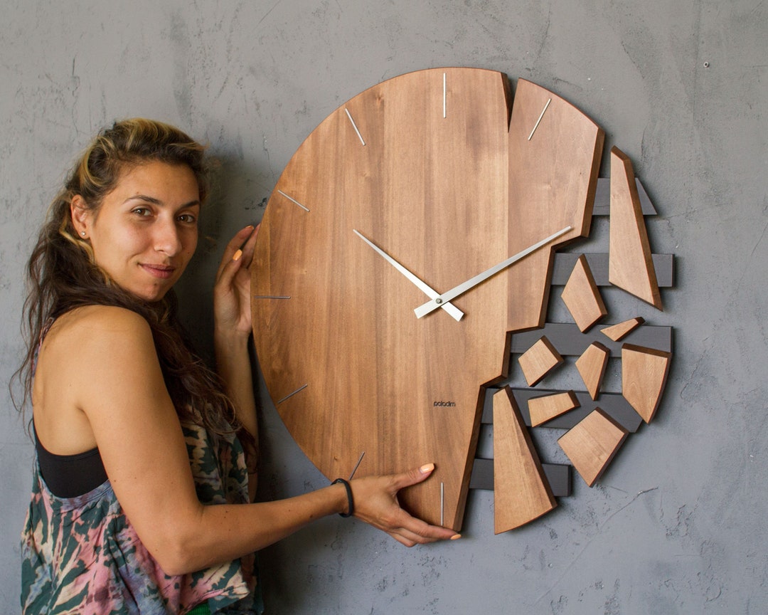 Large Broken Wall Clock, Oversized Wooden Clock 24" / 60cm, Shattered ...