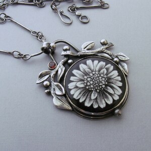 Sterling Silver Necklace and Chain With Black Daisy Painted in Enamel ...