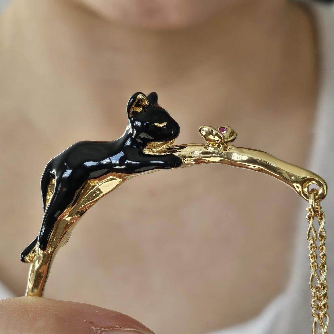 Black Cat Enamel Bracelet: Pink Crystal Butterfly Double Chain - Etsy