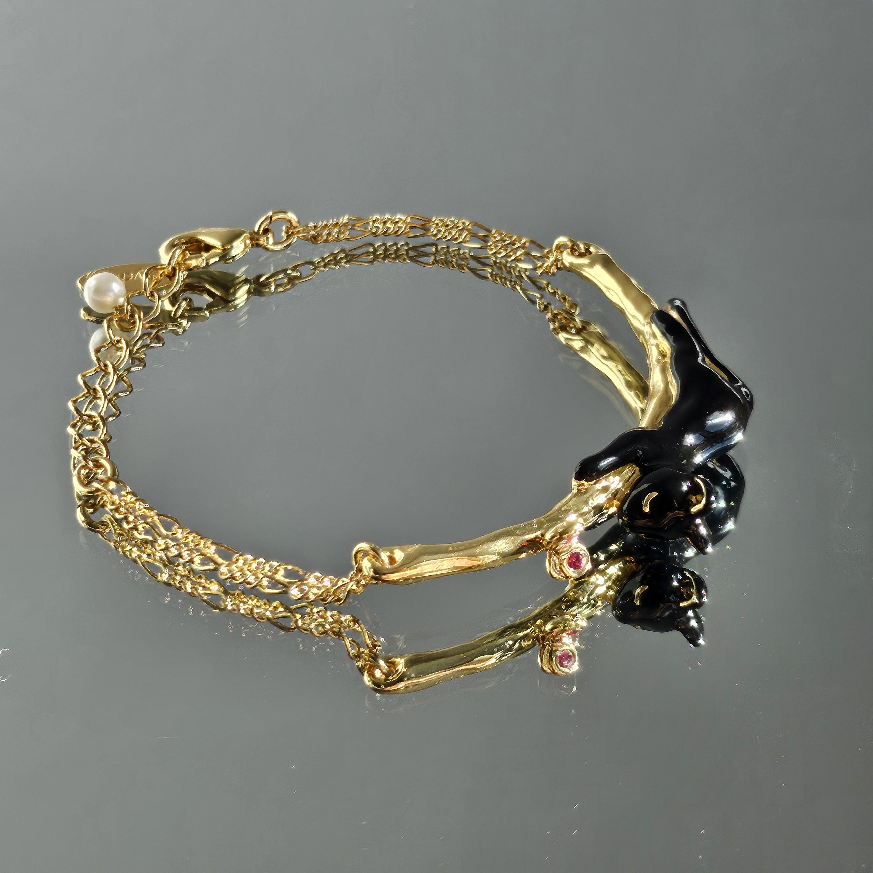 Black Cat Enamel Bracelet: Pink Crystal Butterfly Double Chain - Etsy