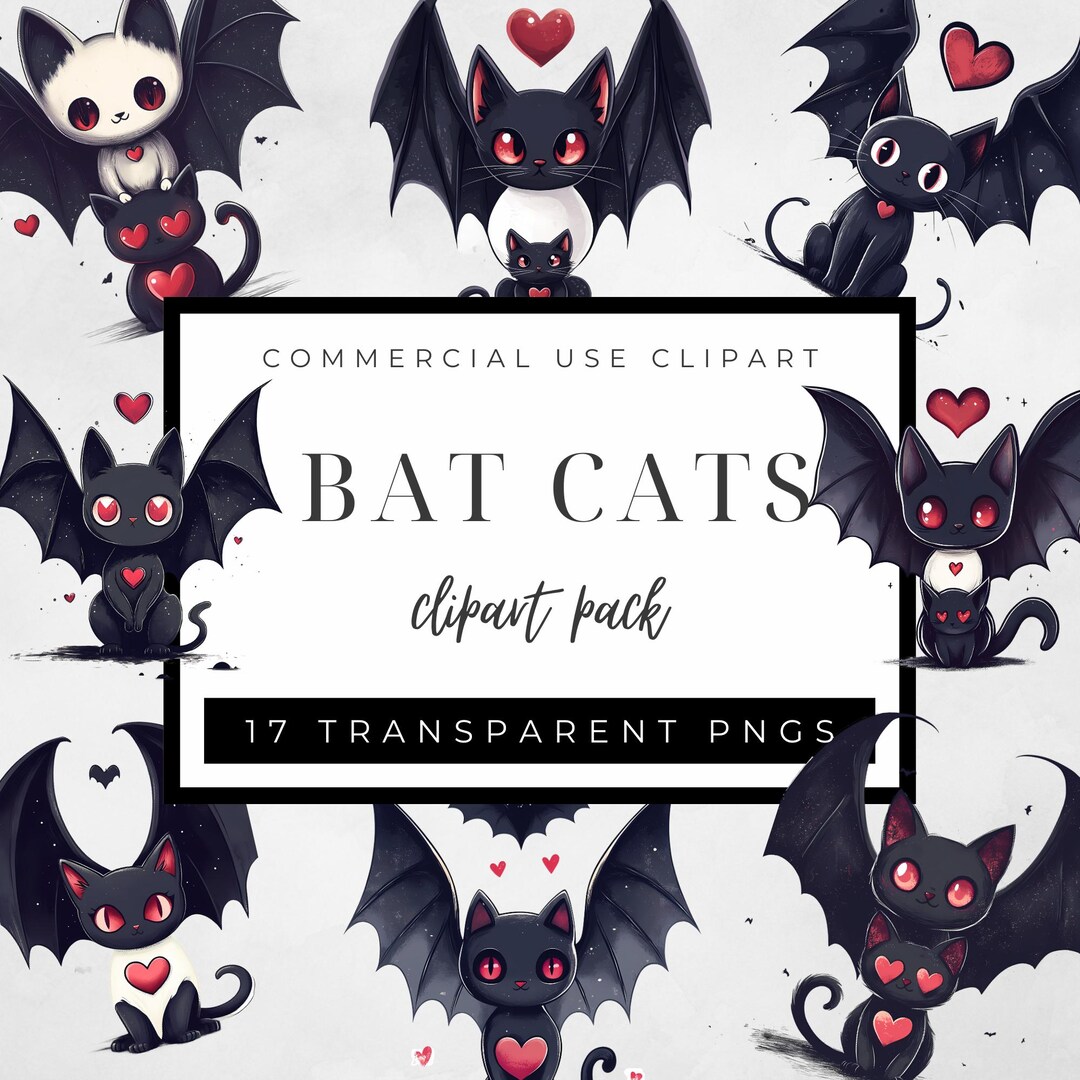Bat Cats Kawaii Clipart Pack of 17, Transparent PNG, Instant Download ...