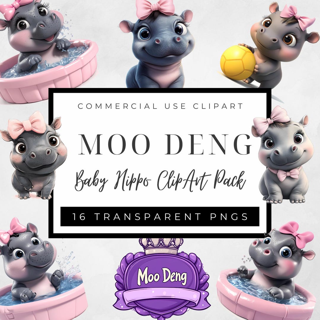 Moo Deng Clip Art 16 Pack, Cute Baby Hippo, Commercial Use, Transparent ...