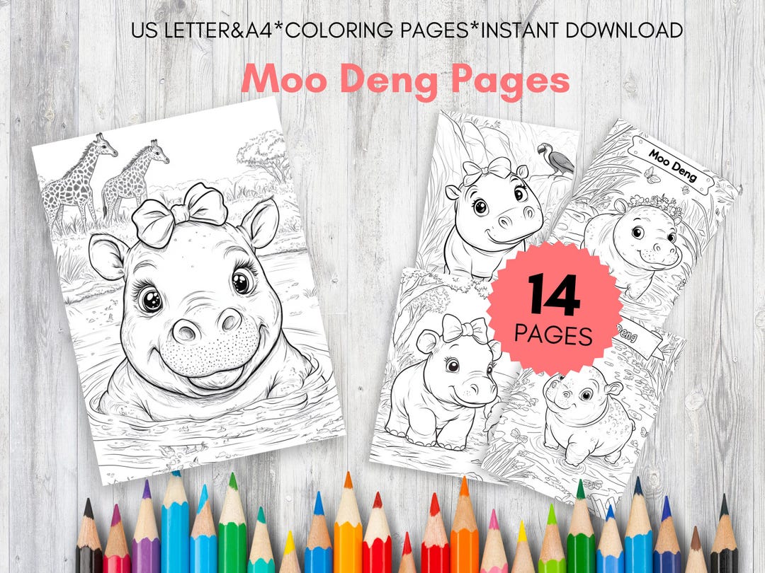 Moo Deng Coloring Pages, 14 Printable Pages, Letter Size, Cute Baby ...