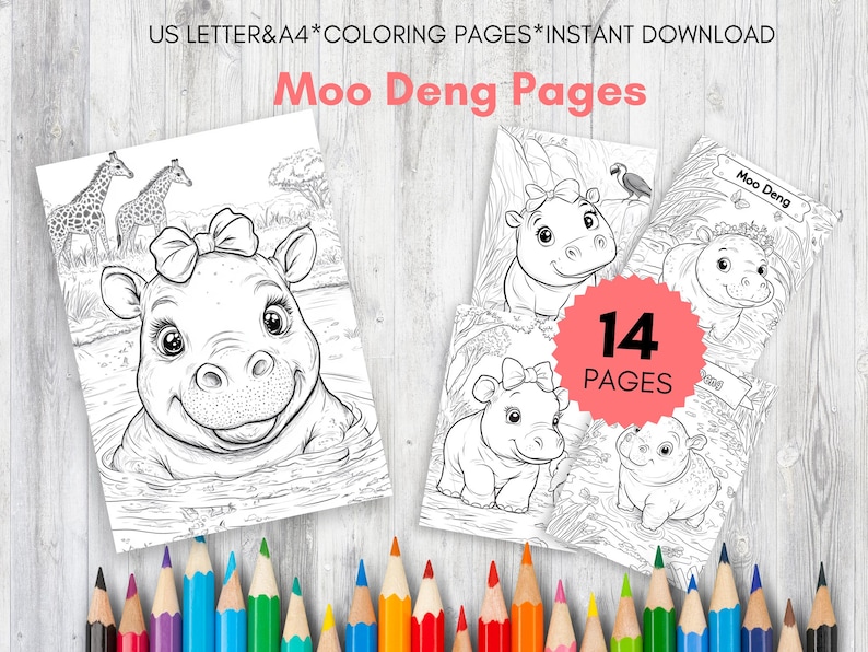 Moo Deng Coloring Pages, 14 Printable Pages, Letter Size, Cute Baby ...