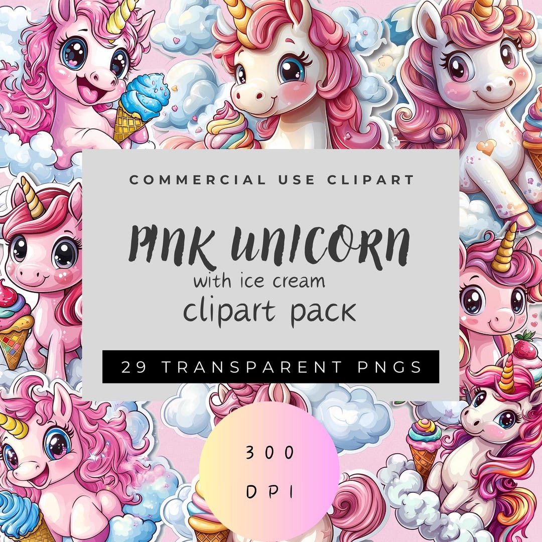 Kawaii Cute Pink Unicorn Clip Art Pack, 29 Transparent PNG, Ice Cream ...