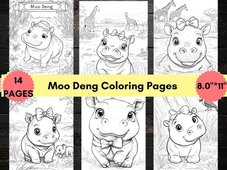 Moo Deng Coloring Pages, 14 Printable Pages, Letter Size, Cute Baby ...