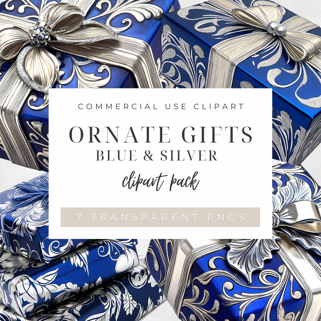 Ornate Gifts Blue and Silver Clip Art Pack, 7 Transparent Pngs, Instant ...