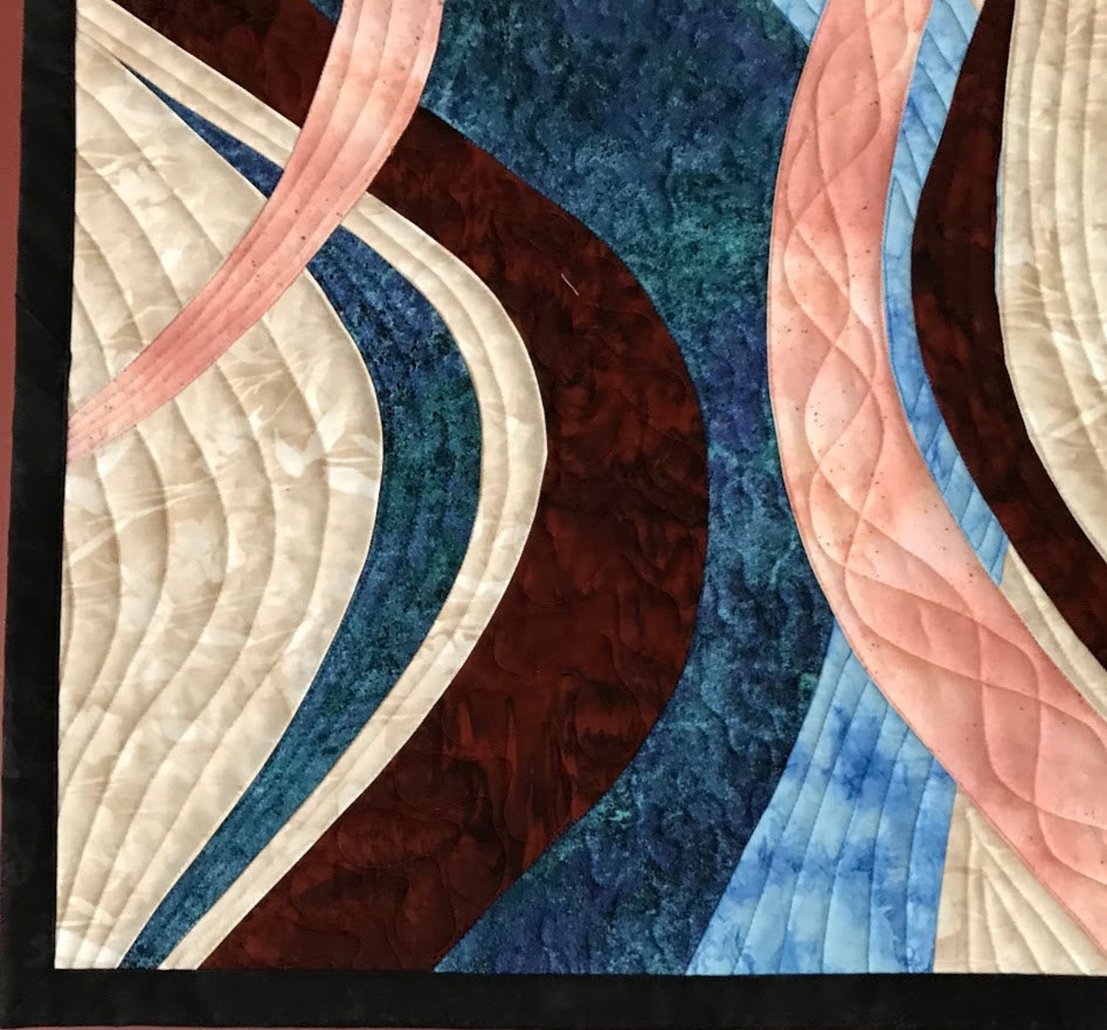 Art Quilt Maroon Blue Peach Curves, Wall Quilt, Wall Hanging - Etsy