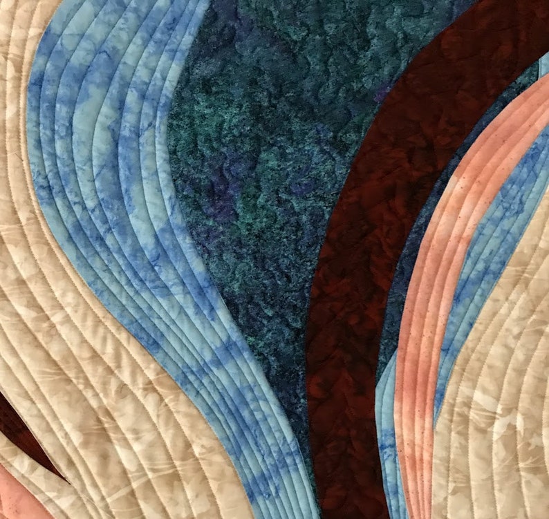 Art Quilt Maroon Blue Peach Curves, Wall Quilt, Wall Hanging - Etsy